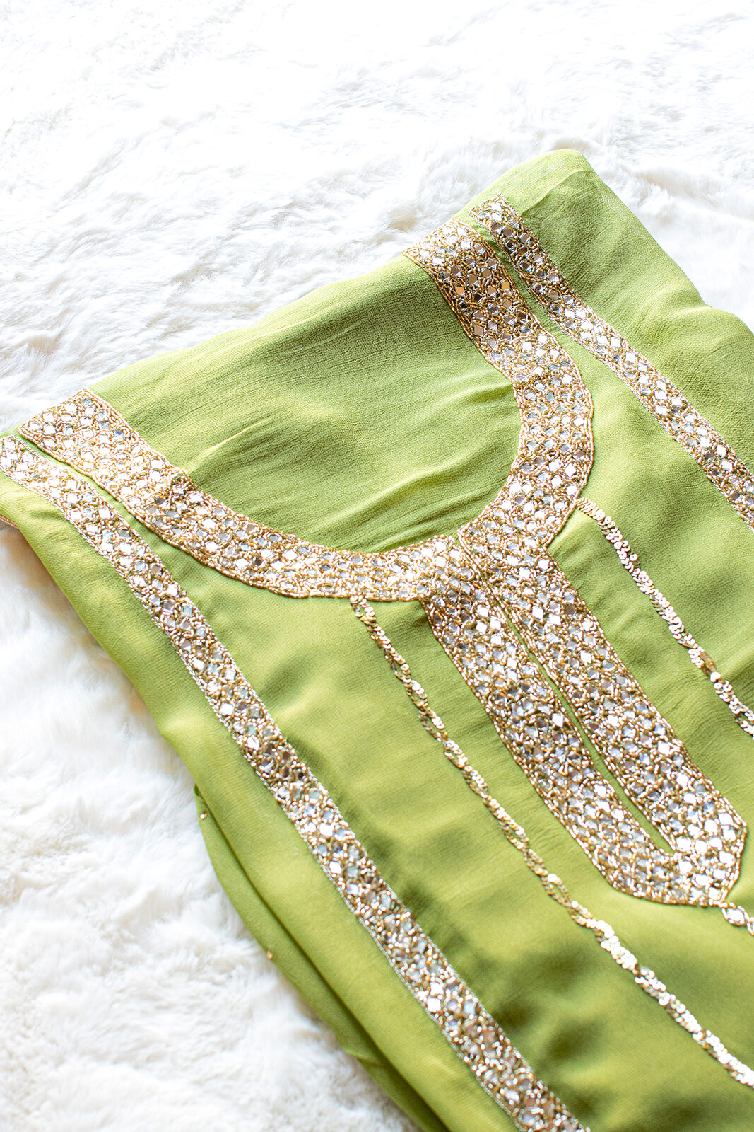 Henna green Georgette Mirror work Material - Label Kazina