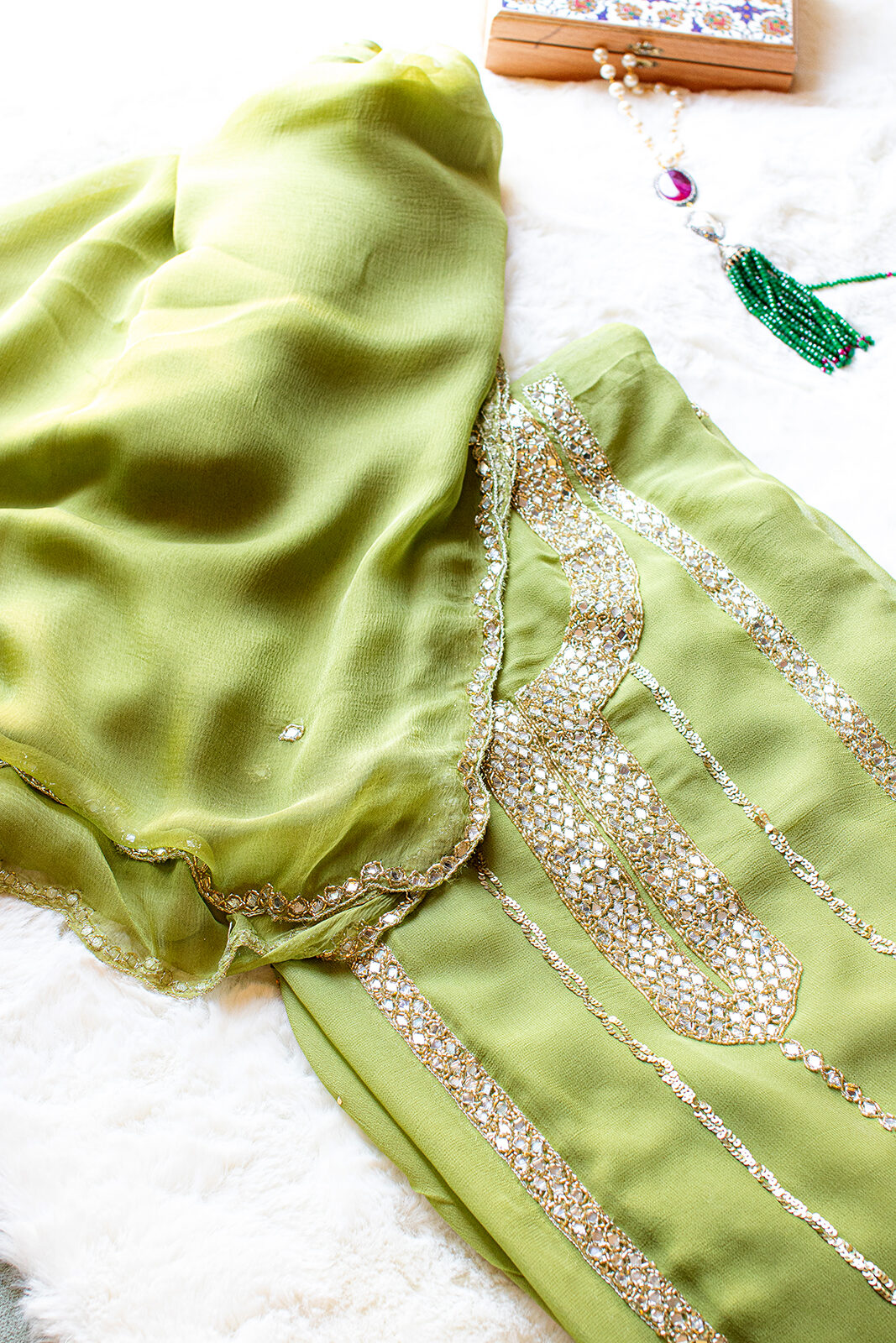 Henna green Georgette Mirror work Material - Label Kazina