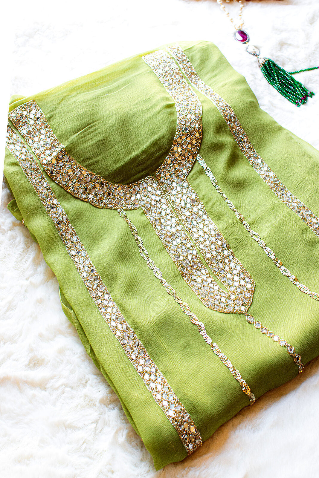 Henna green Georgette Mirror work Material - Label Kazina