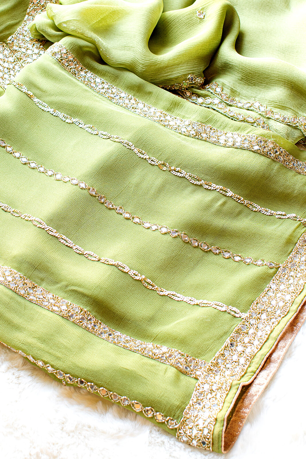 Henna green Georgette Mirror work Material - Label Kazina