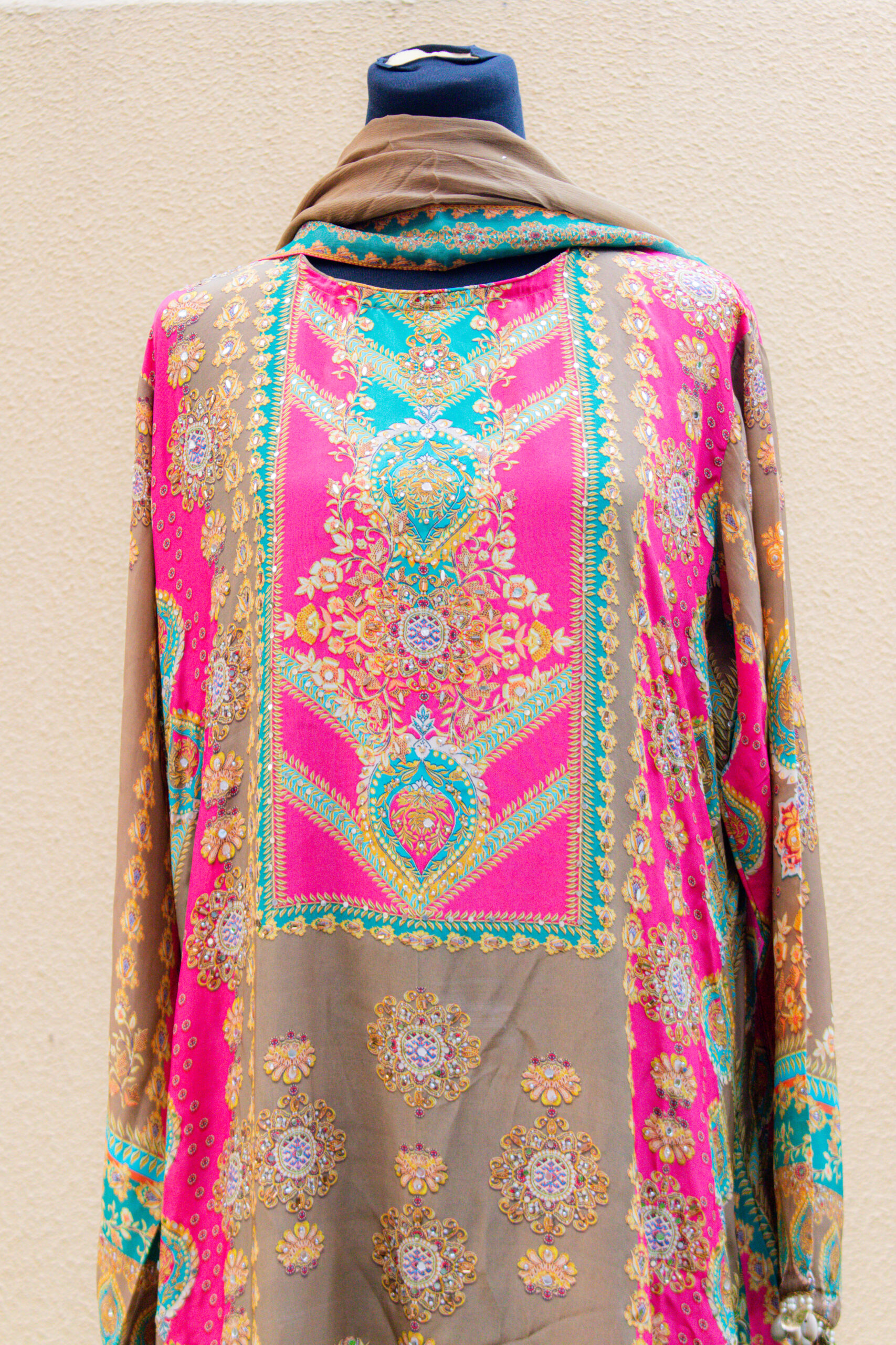 Crepe Mehndi Green and Pink Suit – 3 piece - Label Kazina