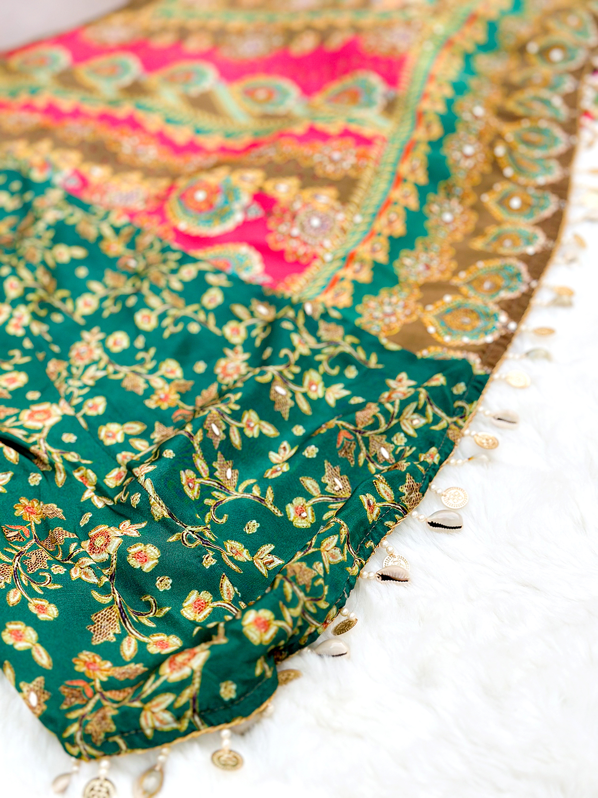 Crepe Mehndi Green and Pink Suit – 3 piece - Label Kazina